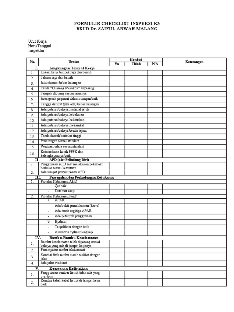 Formulir Checklist Inspeksi K3 New | PDF | Teknologi & Rekayasa
