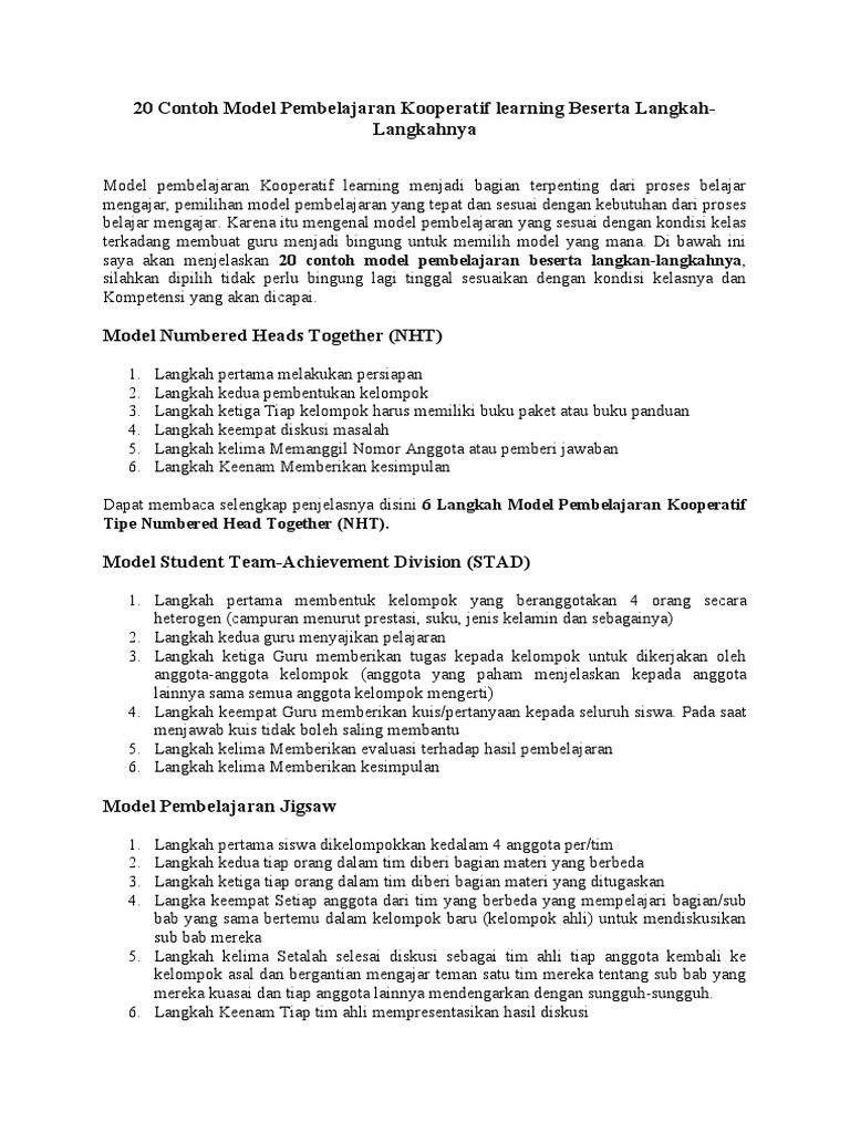 20 Contoh Model Pembelajaran Kooperatif Learning | PDF