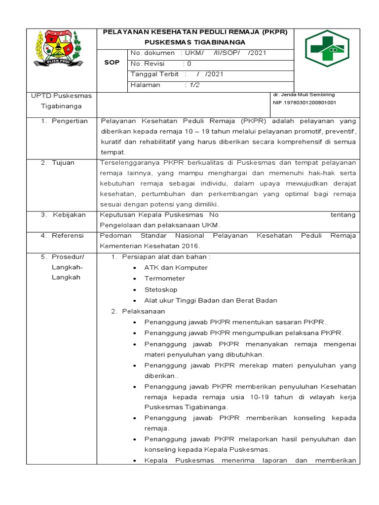 SOP PKPR Puskesmas Tigabinanga | PDF | Pengembangan Diri | Kesehatan ...