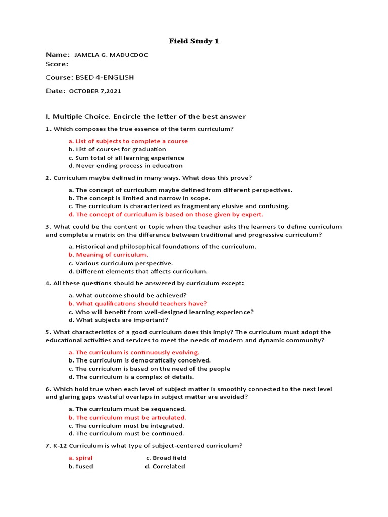 Name: Score: Course: BSED 4-ENGLISH Date: I. Multiple Choice. Encircle The Letter of The Best ...