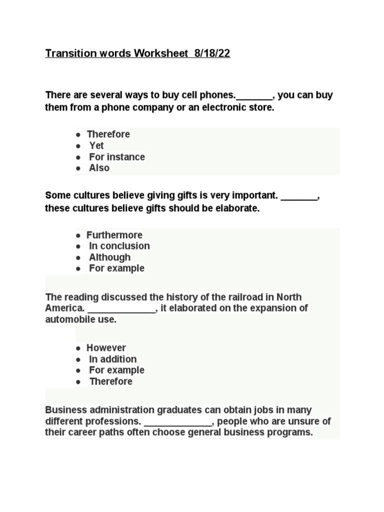 Transition Words Worksheet 8 18 22 PDF