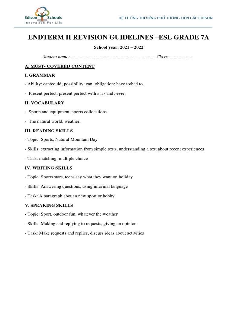 Endterm Ii Revision Guidelines - Esl Grade 7A: Student Name: . Class | PDF