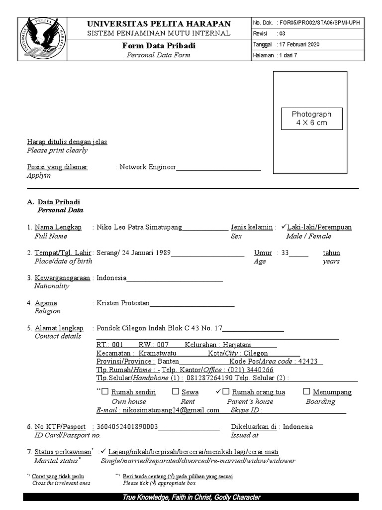 UPH Personal Data Form | PDF