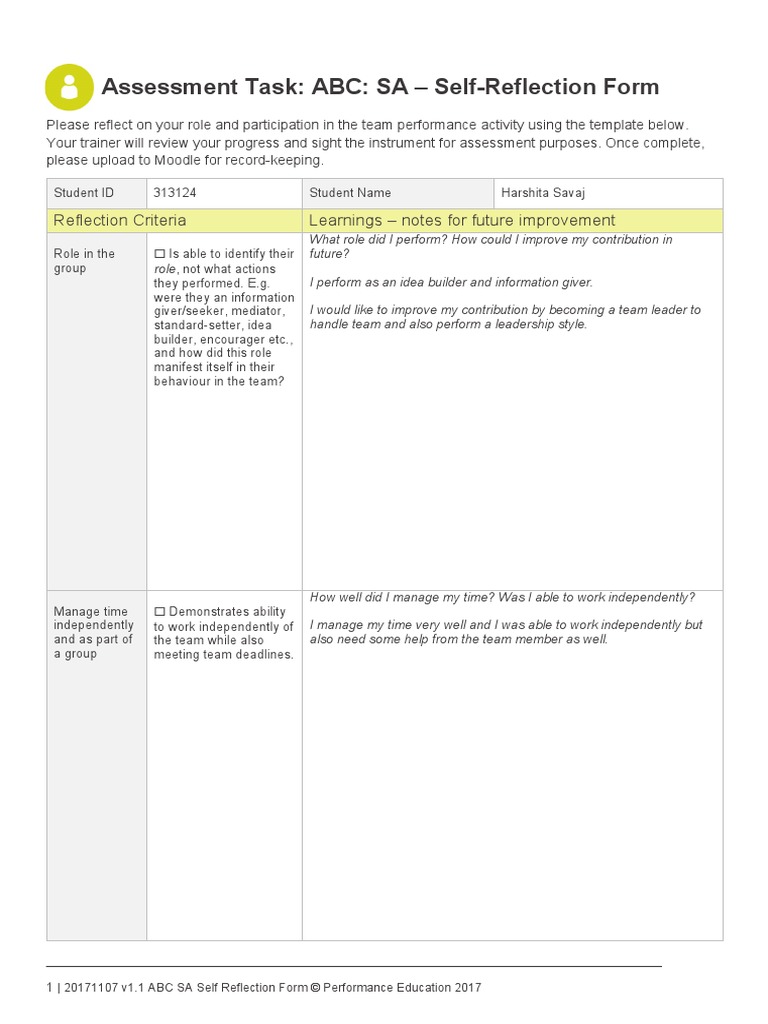 Assessment Task: ABC: SA - Self-Reflection Form: Reflection Criteria ...
