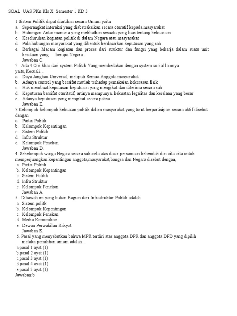 SOAL UAS PKN Kls X Semester 1 KD 3 | PDF