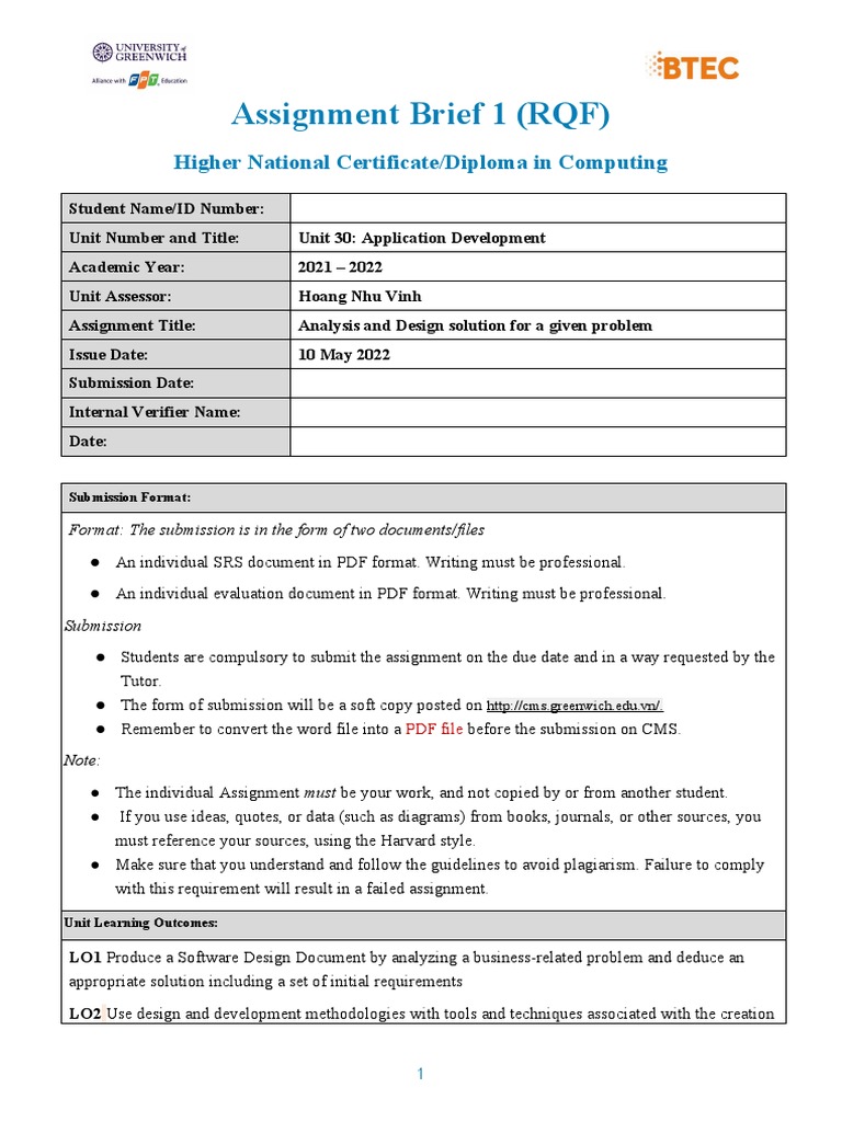 1 - Unit 30 - Assignment Brief 1 | PDF | Specification (Technical Standard) | Software Development