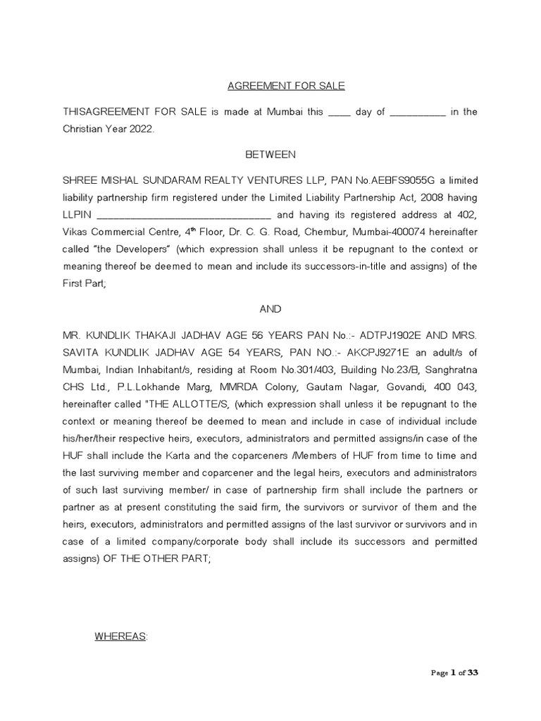 DRFAT AGREEMENT FOR SALE - Kundlik Jadhav 604 B1201 | PDF | Taxes ...