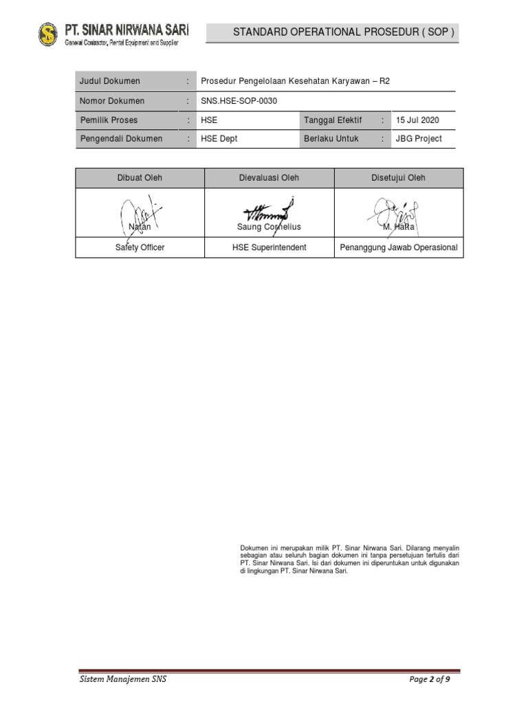 SNS - HSE-SOP-30 Pengelolaan Kesehatan Karyawan | PDF