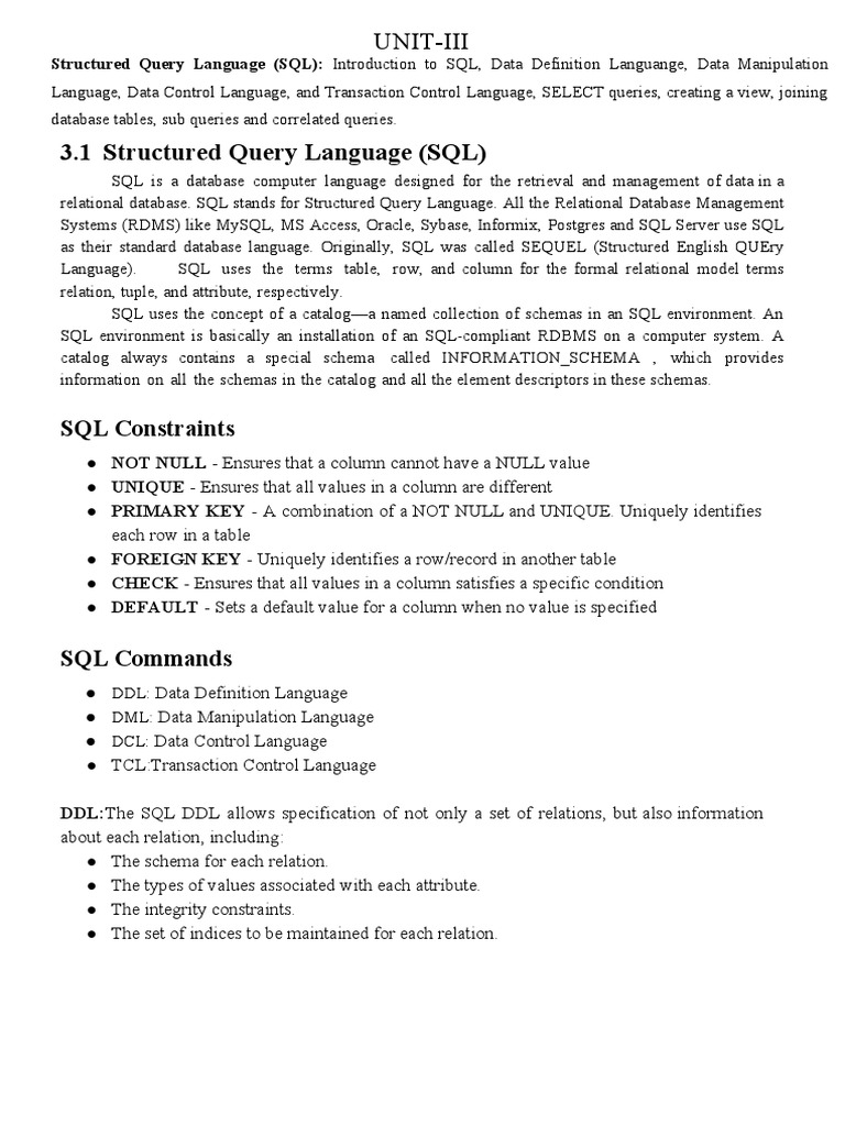 31 Structured Query Language Sql Unit Iii Pdf Relational Database Sql