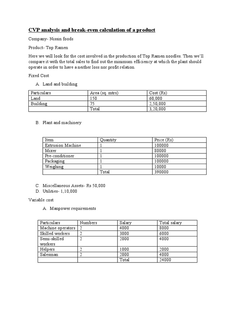 CVP Analysis and Break-Even Calculation of A Product | PDF | Technology & Engineering