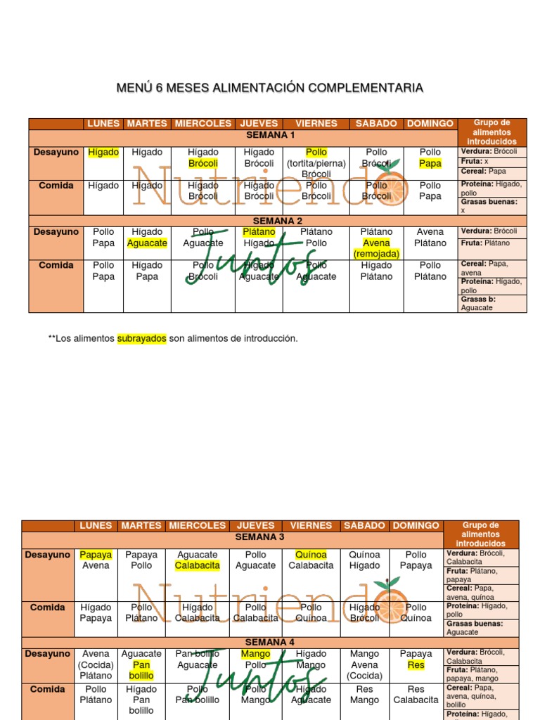 Menú 6 Meses Alimentación Complementaria BLW | PDF | Alimentos | Cocinando