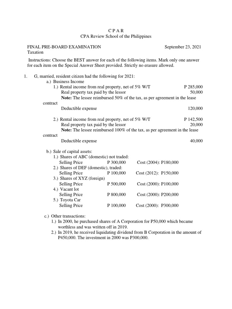 Taxation Pre-Board Exam Review | PDF | Taxes | Value Added Tax