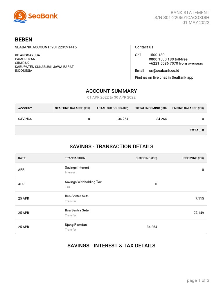 Bank Statement Savings Summary | PDF | Corporations | Business