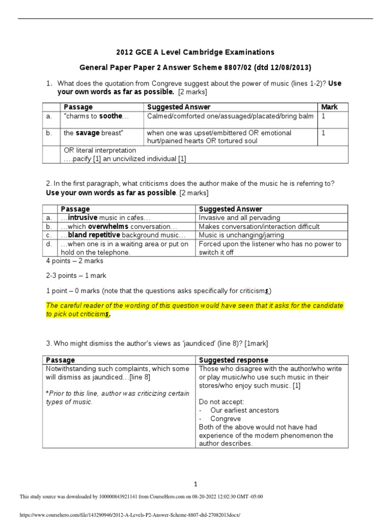2012 GCE A Level Cambridge Examinations General Paper Paper 2 Answer Scheme 8807/02 (DTD 12/08 ...