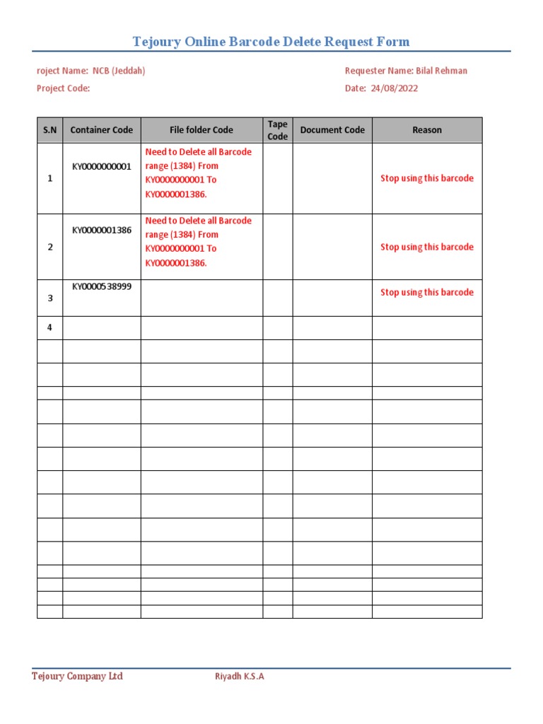 Tejoury Online Barcode Delete Request Form: S.N Container Code File ...