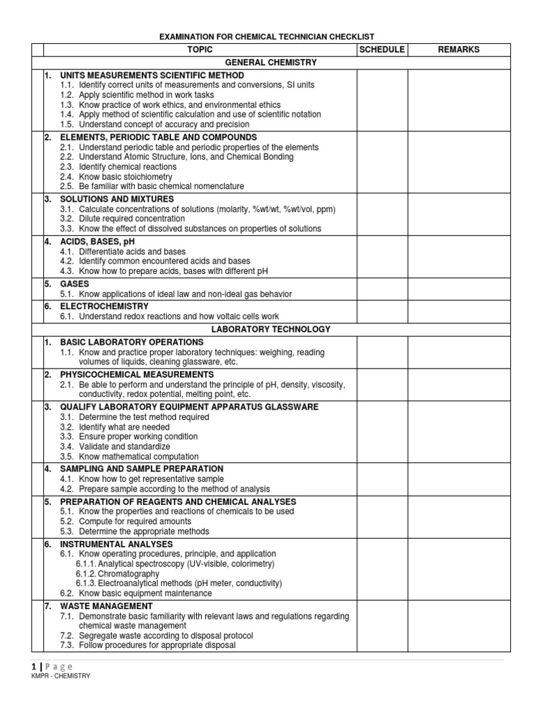 Examination For Chemical Technician Checklist: KMPR - Chemistry | PDF ...