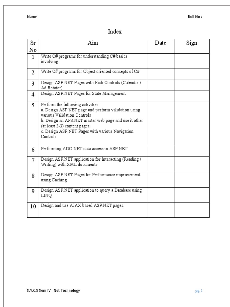 Index SR No Aim Date Sign 1 2 3 4 5 | PDF | C Sharp (Programming ...