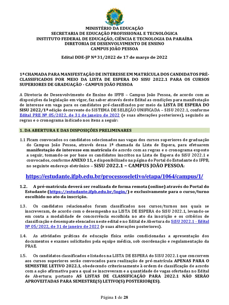 Edital NÂº 31-2022 - 1Â Chamada Da Lista de Espera - SiSU 2022.1 ...