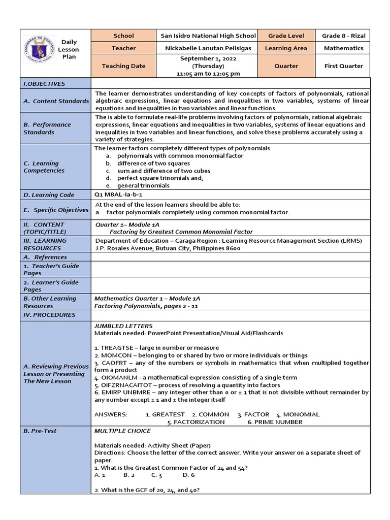 Q1 DLP Math 8 - Rizal | PDF | Factorization | Equations