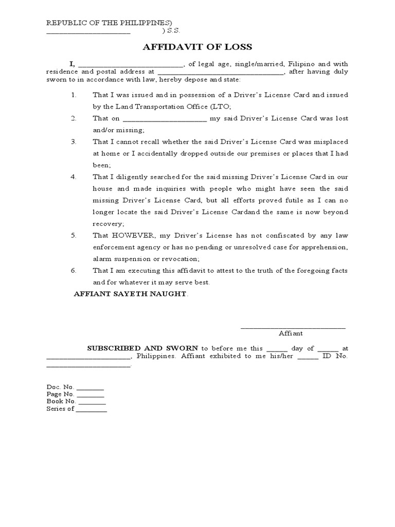 Affidavit of Loss Drivers License Not Confiscated Blank 2022 | PDF