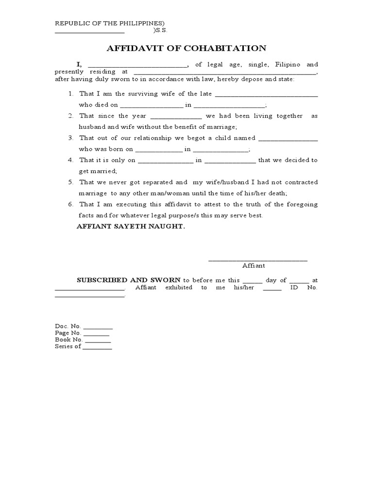 Affidavit of Cohabitation Template | PDF | Social Science | Law