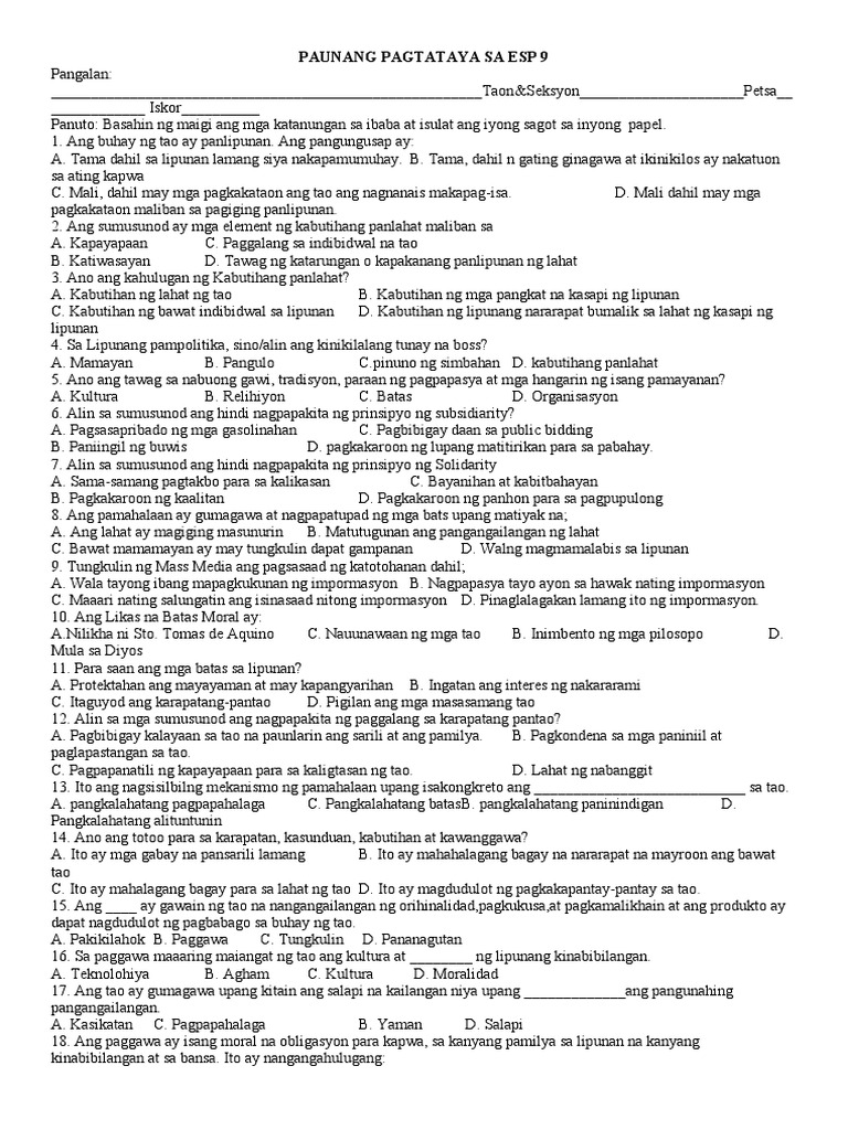 Paunang Pagtataya Sa Esp 9 | PDF