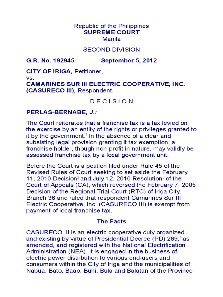 City of Iriga Vs CAsureco III GR No. 192945 | PDF | Taxes | Appeal