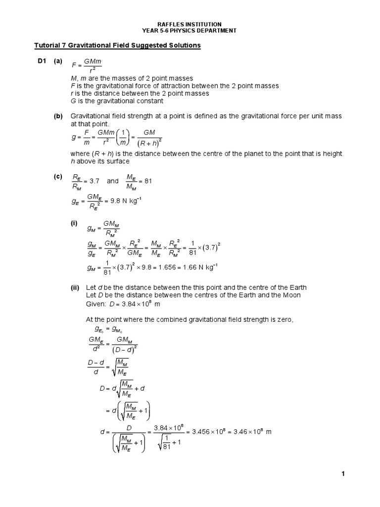 07 Gravitational Field tutorial solutions | PDF | Acceleration | Potential Energy