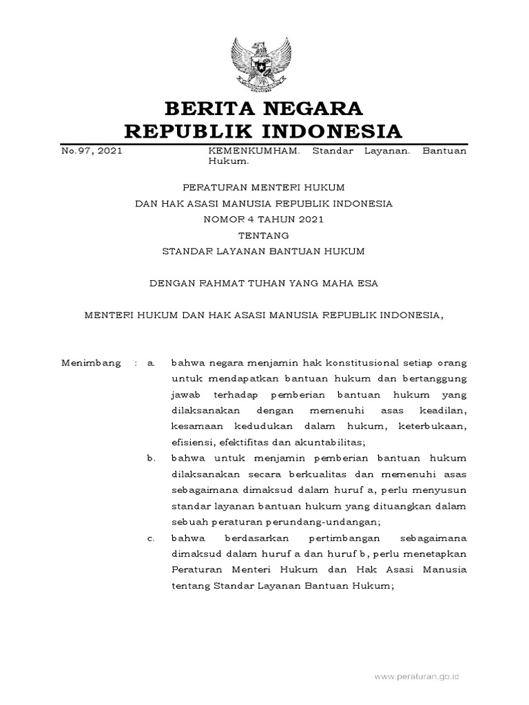 4199 Permenkumham Nomor 4 Tahun 2021 Tentang Standar Layanan Bantuan Hukum, Dan Pedoman Standar ...