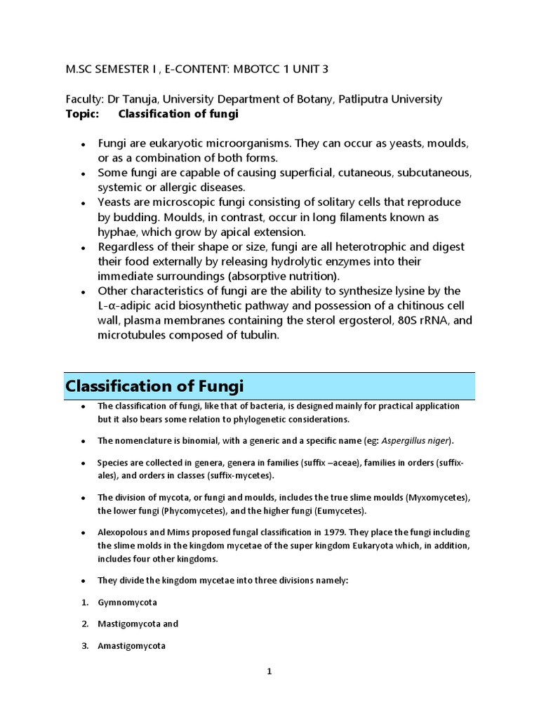 Classification and Characteristics of Major Fungal Divisions | PDF ...
