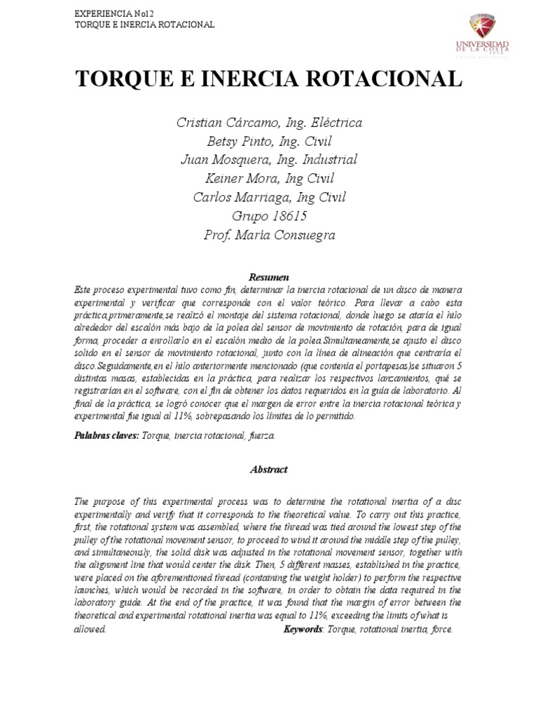 Informe de Torque | PDF | Masa | Fuerza