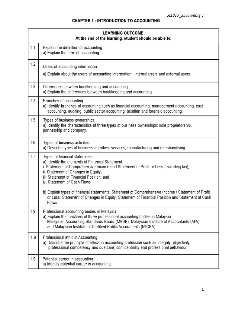 Chapter 1: Introduction To Accounting Learning Outcome at The End of The Learning, Student ...