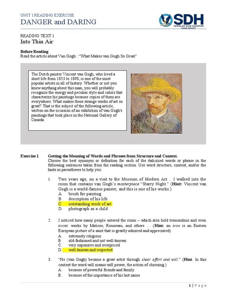 Van Gogh Reading Exercise Guide | PDF | Vincent Van Gogh | Noun