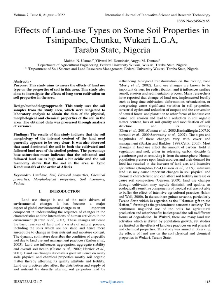 Effects of Land-Use Types On Some Soil Properties in Tsinipanbe, Chunku ...