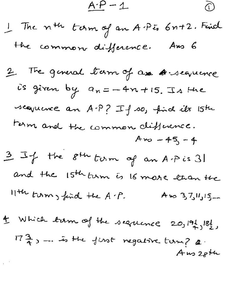 Worksheet 1 On Arithmetic Progressions | PDF