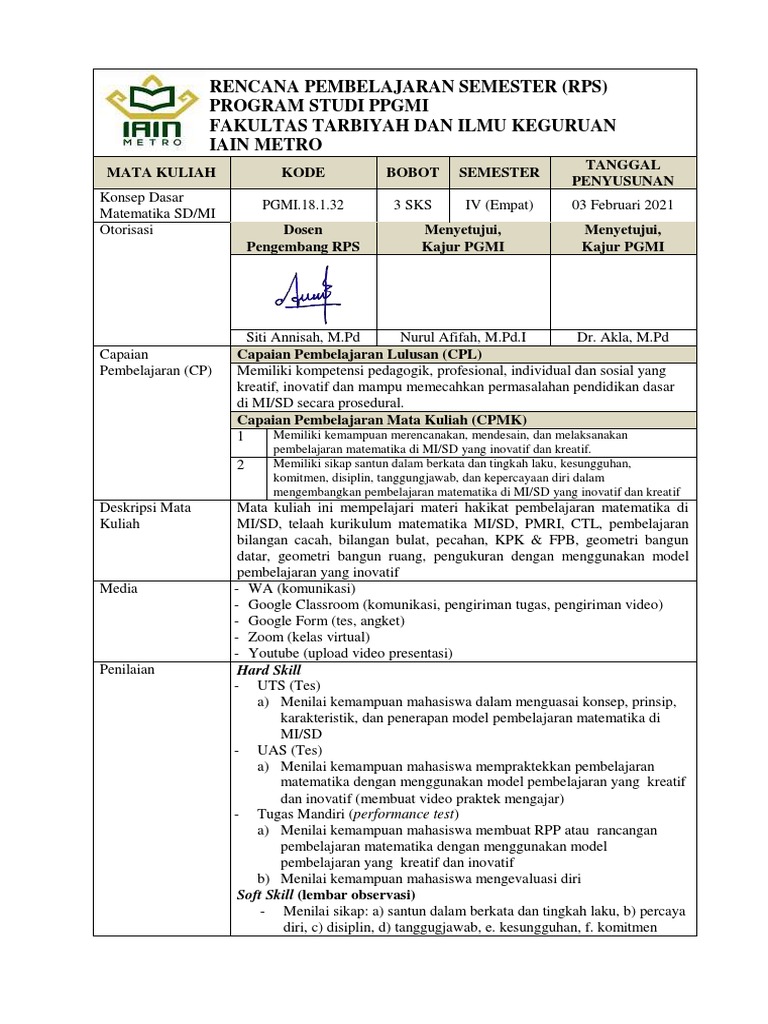 RPS Pembelajaran Matematika Di MI - Genap TA. 2020-2021 | PDF