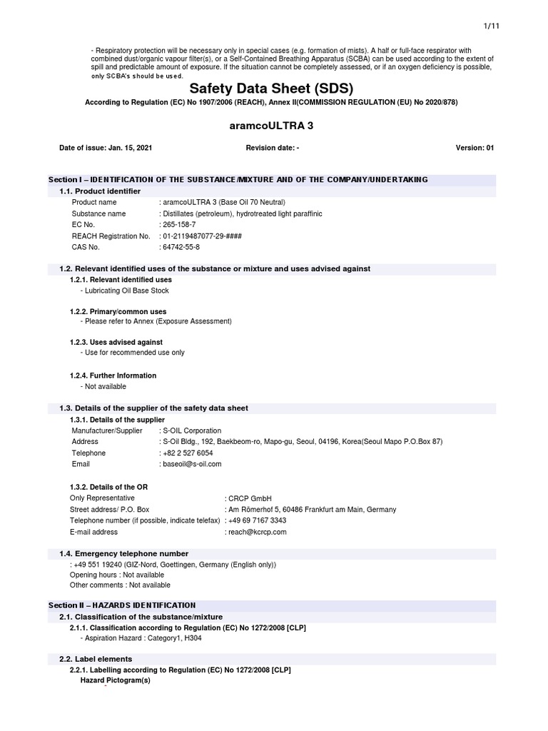 Safety Data Sheet (SDS) : Aramcoultra 3 | PDF | Dangerous Goods | Toxicity