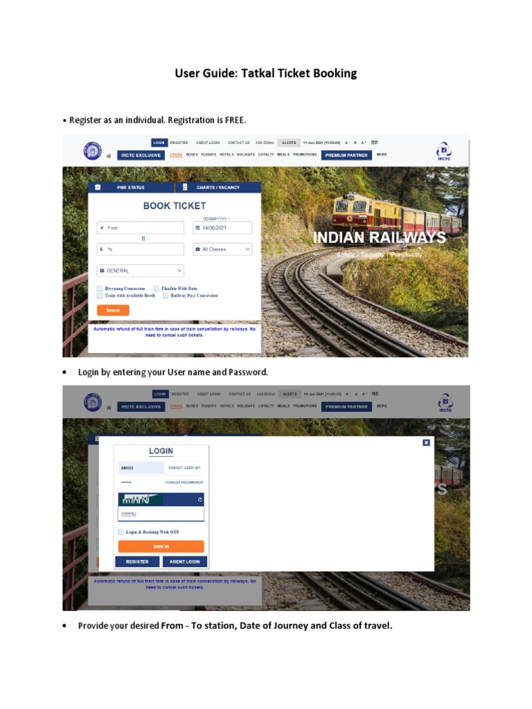 Tatkal Ticket Booking User Guide | PDF | Payments | Ticket (Admission)
