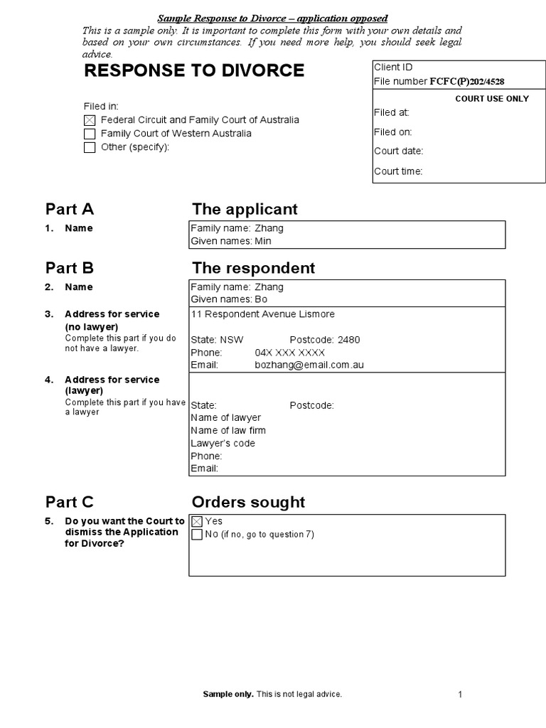 Sample Response To Divorce - Application Opposed | PDF | Lawyer | Public Law