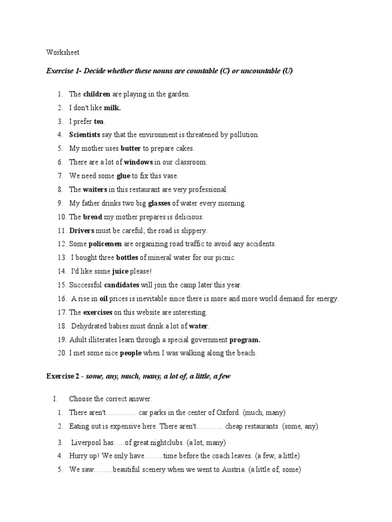 Exercise 1-Decide Whether These Nouns Are Countable (C) or Uncountable (U) | PDF | Food And ...