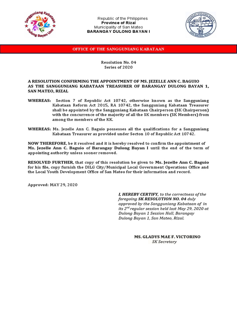 Office of The Sangguniang Kabataan: Province of Rizal Barangay Dulong ...