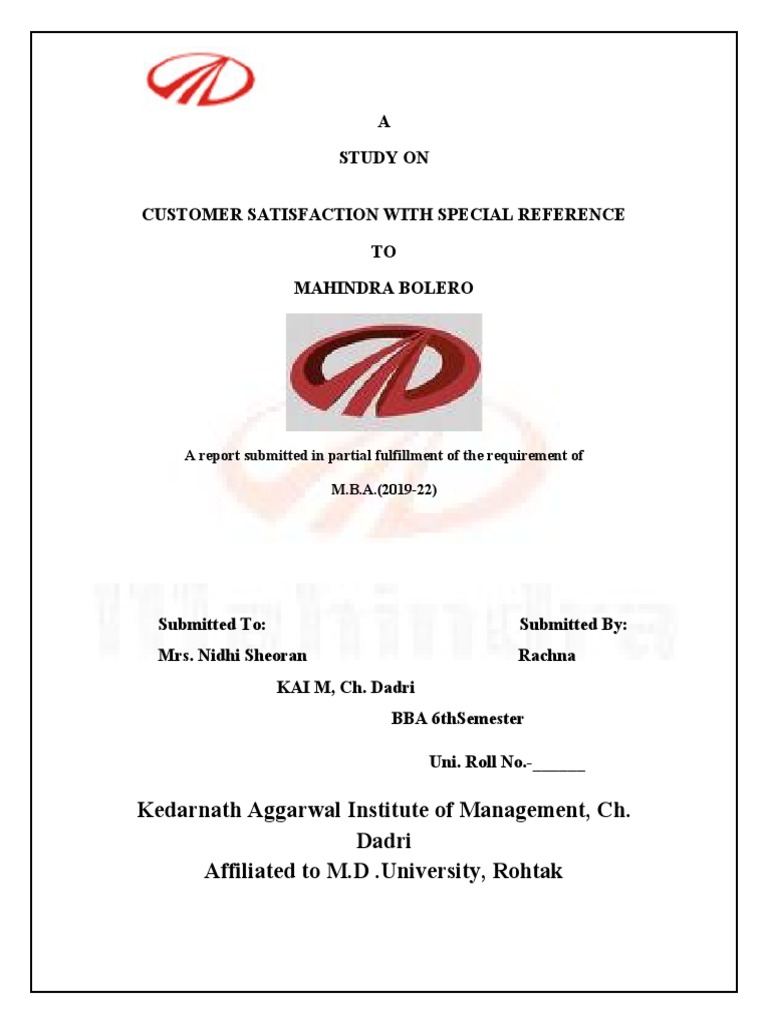 A Study On Customer Satisfaction With Special Reference TO Mahindra Bolero | Download Free PDF ...