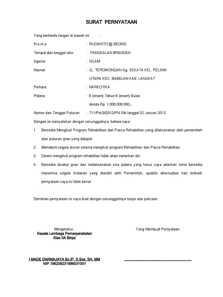 Surat Pernyataan Untuk Grasi | PDF | Ilmu Sosial | Hukum