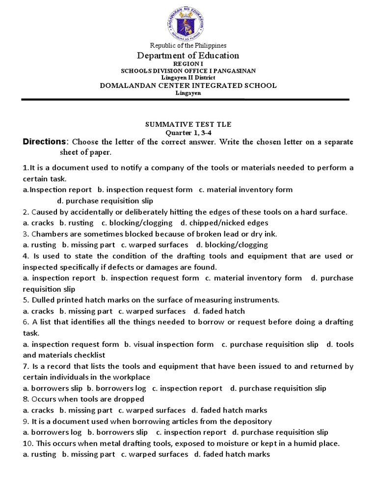 Department of Education: Directions: Choose The Letter of The Correct ...