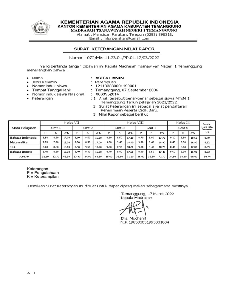 Nilai Rapor Skala 1-10 4 Mapel Buat Daftar SMK 2021-2022 | PDF