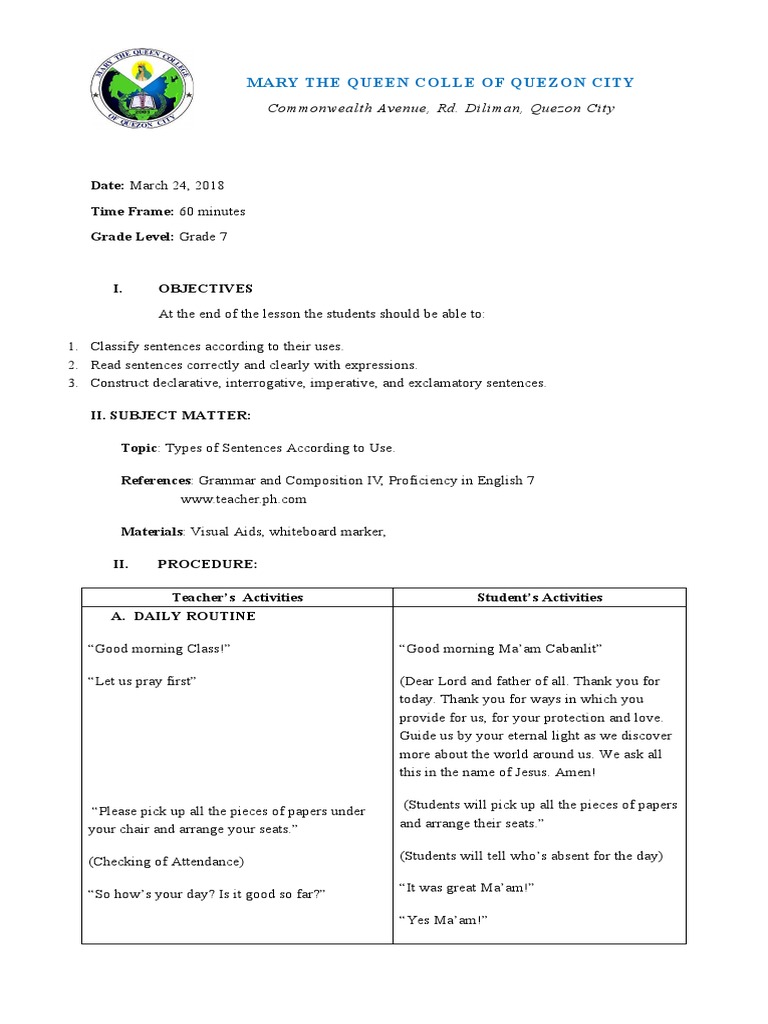 Classifying Sentences According to Their Uses: A Lesson Plan for ...