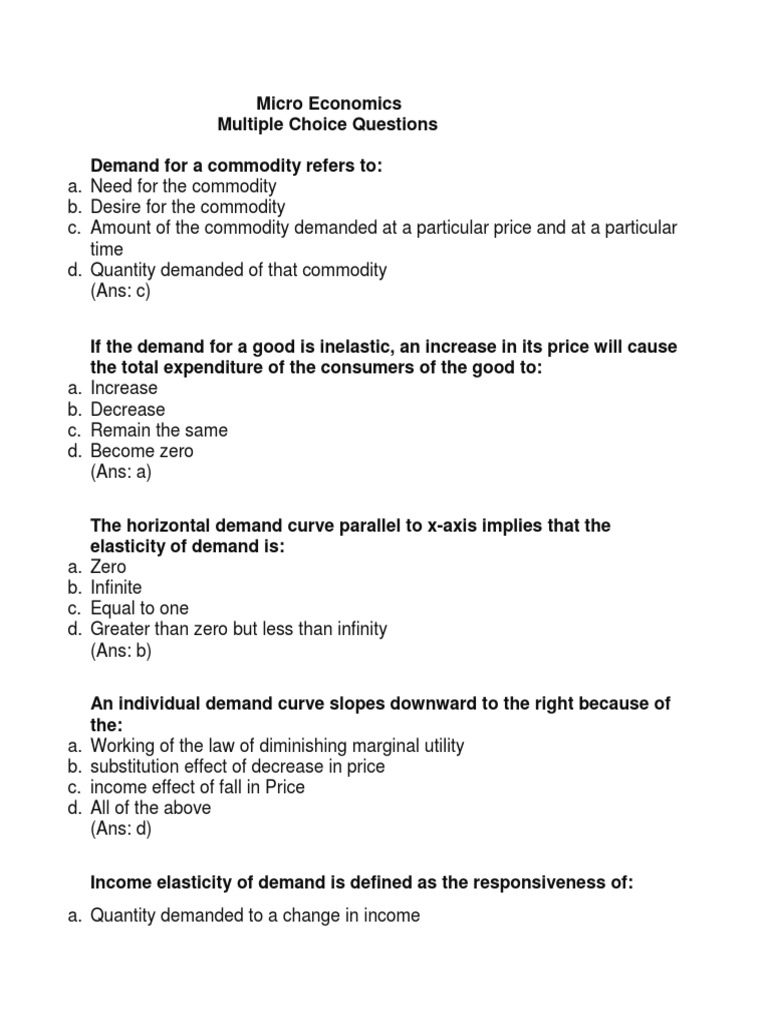 MCQs Micro Economics | PDF | Elasticity (Economics) | Supply And Demand