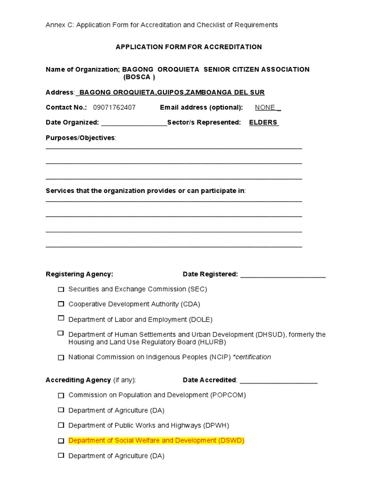 Annex C Application Form and Checklist of Requirements | PDF | Welfare | Government