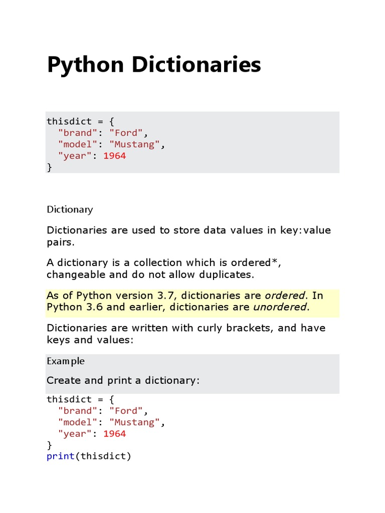 Python Dictionaries: "Brand" "Ford" "Model" "Mustang" "Year" | Download Free PDF | Parameter ...
