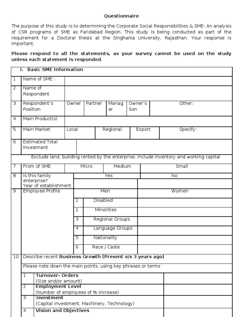 Questionnaire | PDF | Corporate Social Responsibility | Small And ...